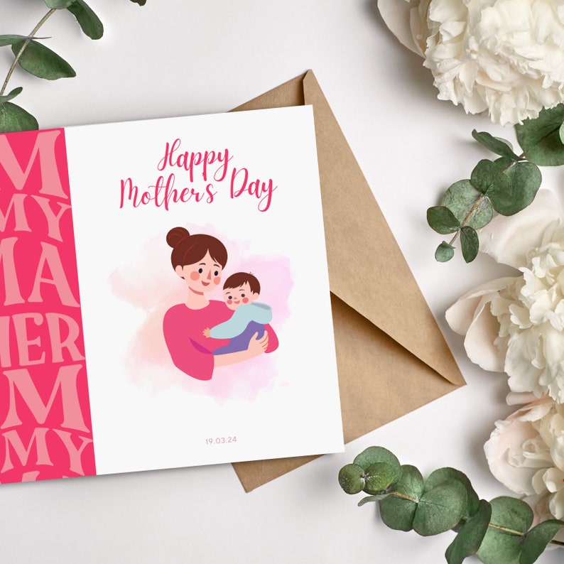 Editable Canva's Sweet Mother's Day Folded Card Template in Pink and ...