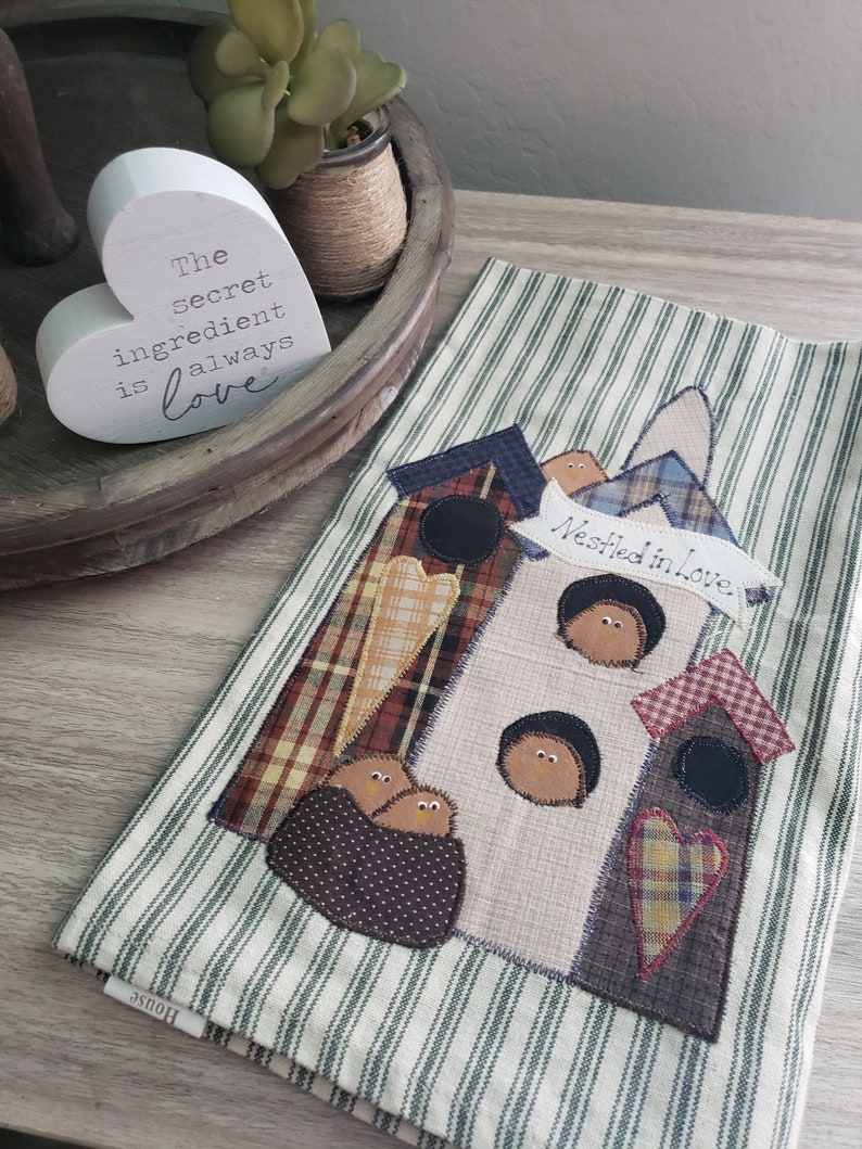 Birdhouse, Crows, Appliqued, Tea Towel, Primitive, Country, Kitchen ...