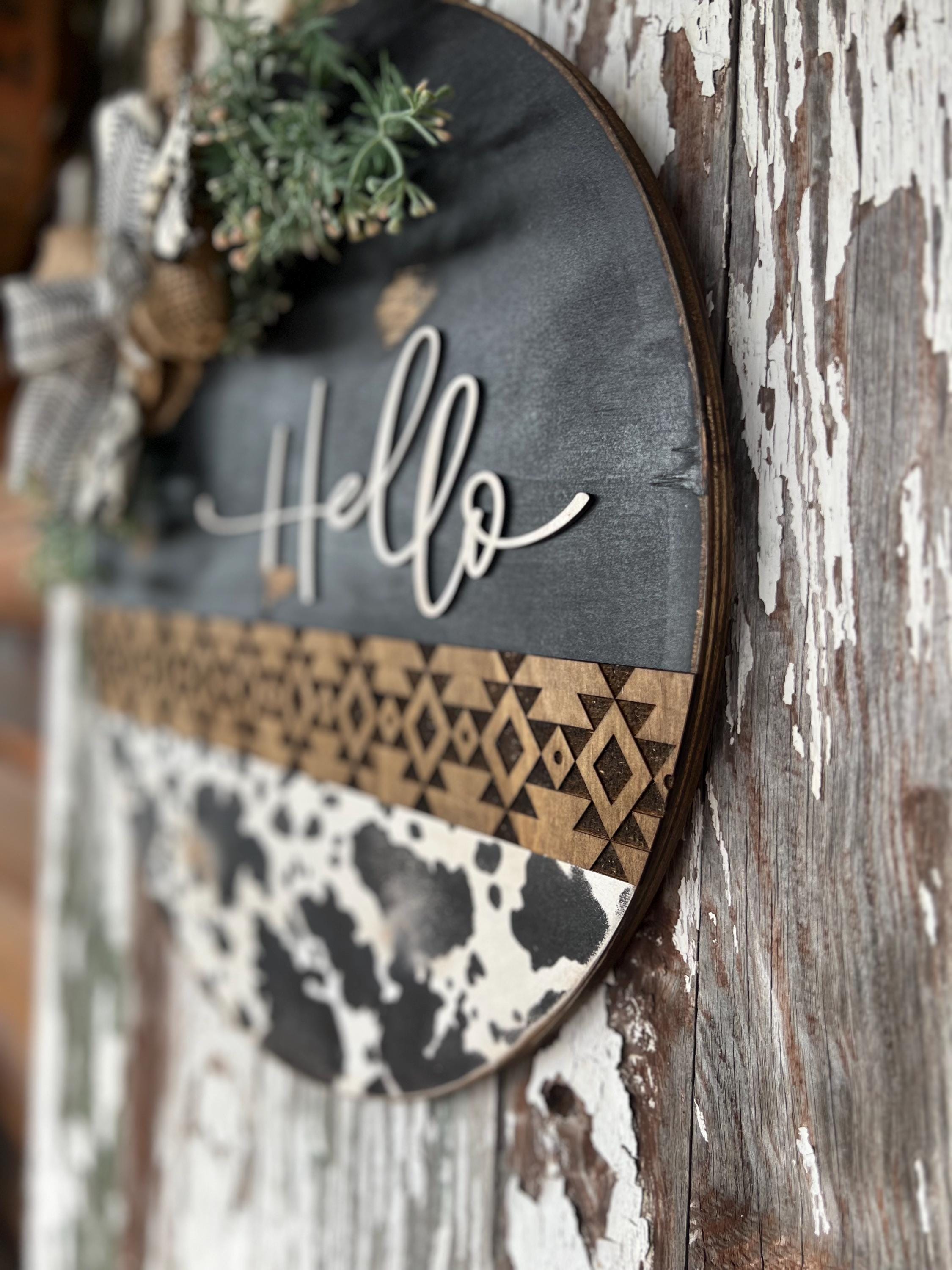 Hello Cowhide Print With Aztec Design Door Hanger/ Front Door Decor ...