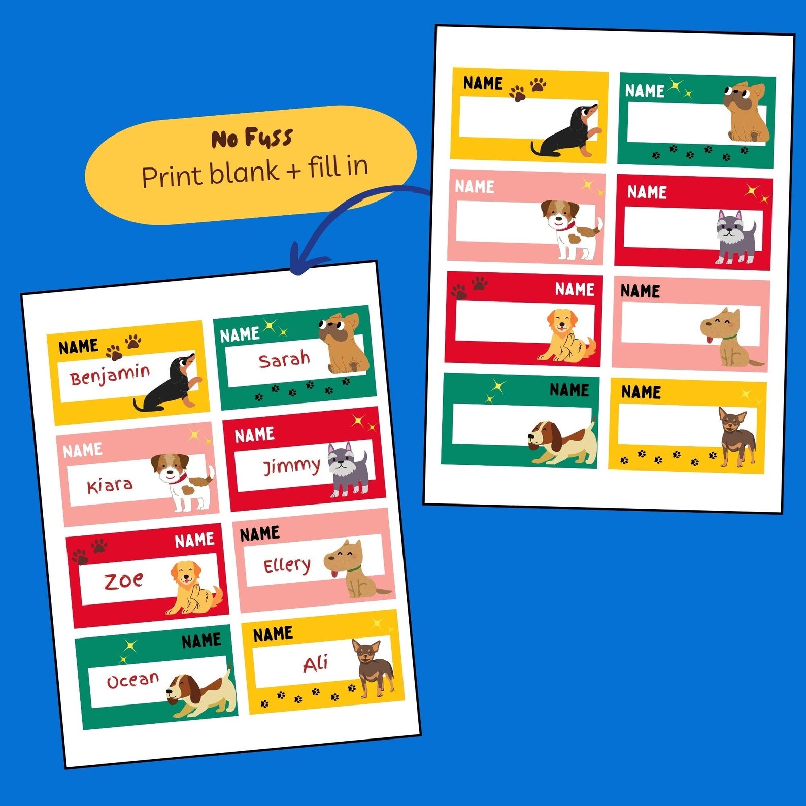 Printable Dog Name Tags: Kids School Labels, Party Badges (digital ...