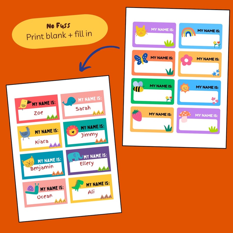 Printable Name Tags Kids Party Name Tags Colourful Party Decor School ...