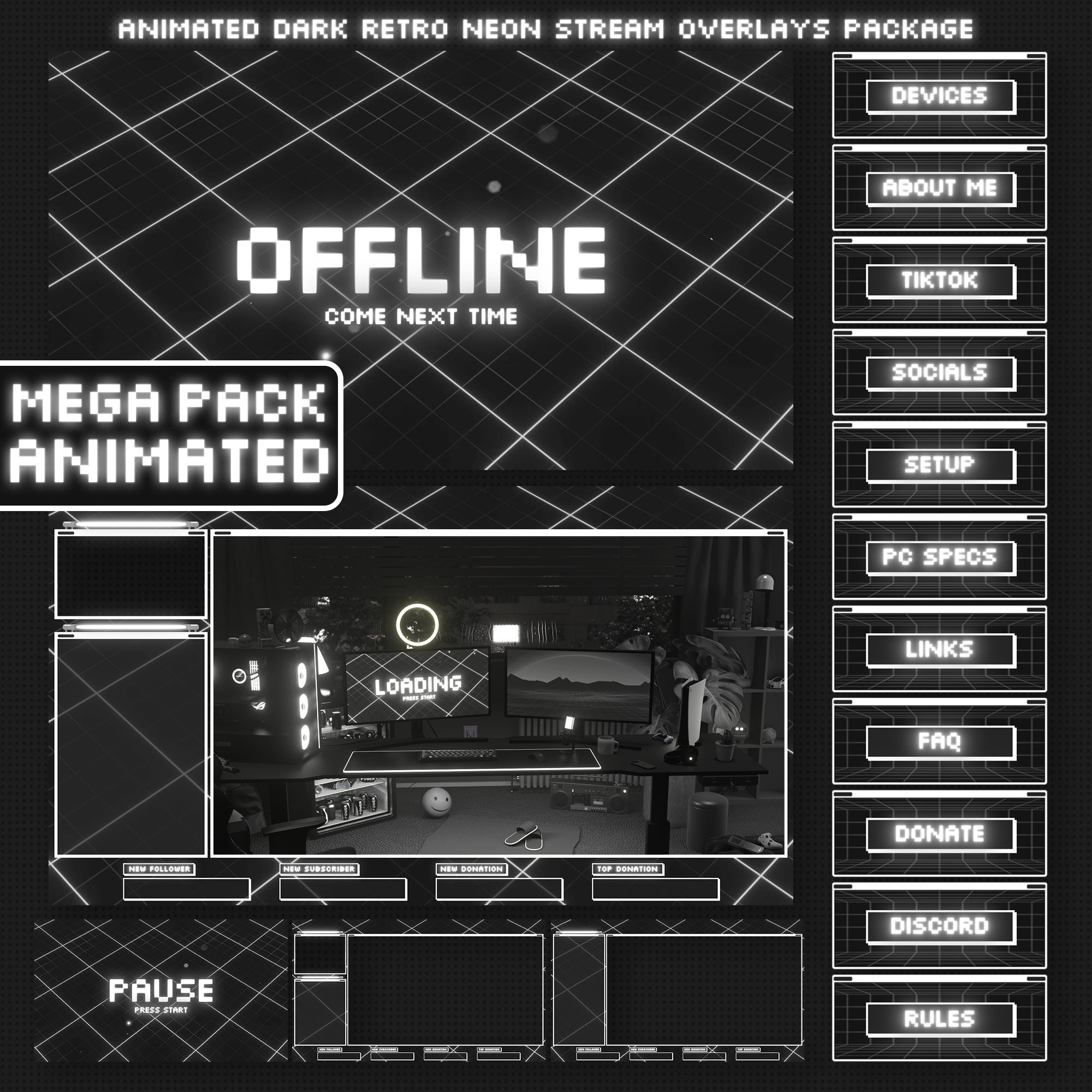 Animated DARK Retro Neon Stream Overlays Package for Twitch, Youtube ...