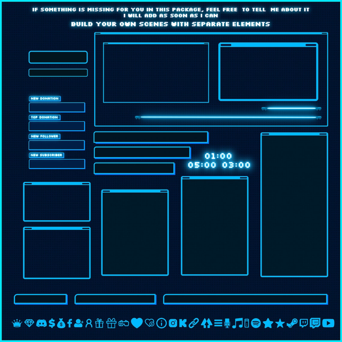 Animated BLUE RETRO Neon Stream OVERLAYS Package for Twitch, Youtube ...