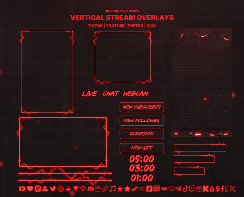 Animated Vertical Red NEON Stream Overlays (tiktok, Twitch, Youtube ...