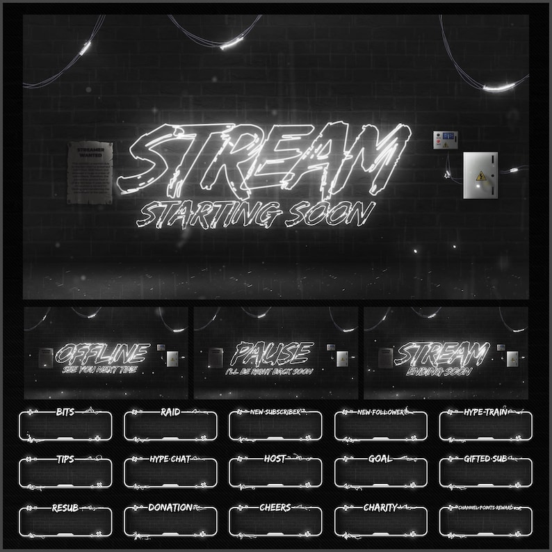 Overlays Stream Animated Black and White Neon Style Twitch Package - Etsy