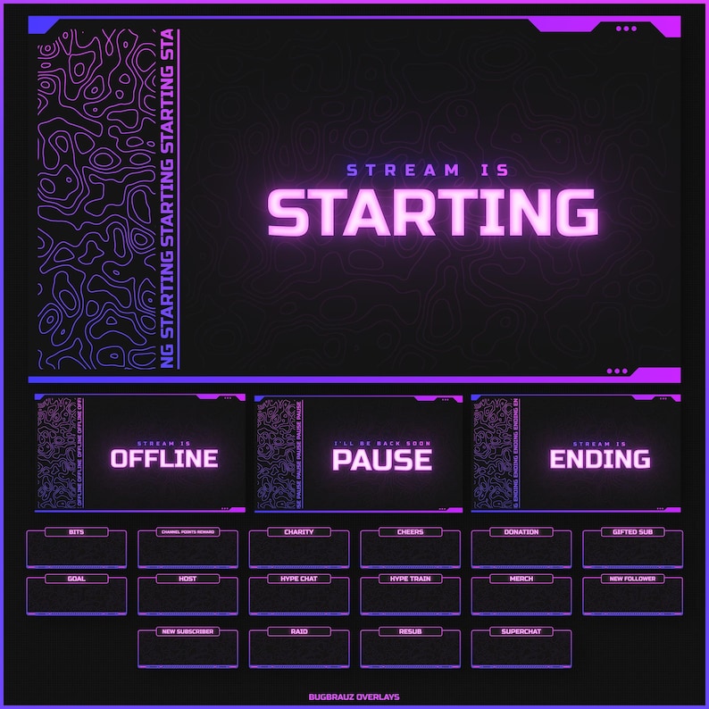 Paquete de superposiciones de transmisión animadas PURPLE NEON para Twitch, Youtube, OBS ...