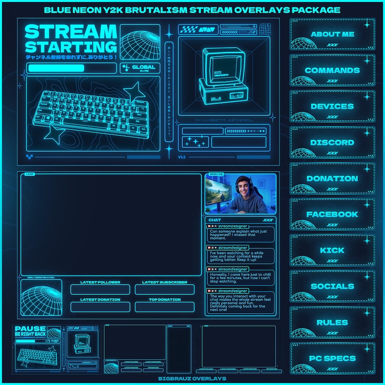 Animated Dark Blue Neon Stream Overlay Package: Y2K Brutalism Style - Etsy