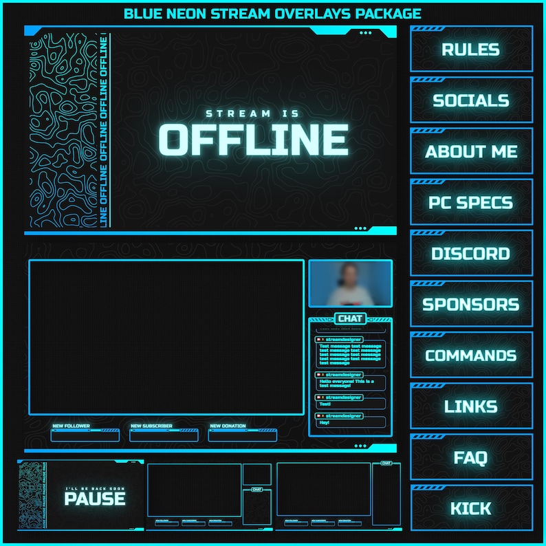 Animated BLUE NEON Stream Overlays Package for Twitch, Youtube, OBS ...