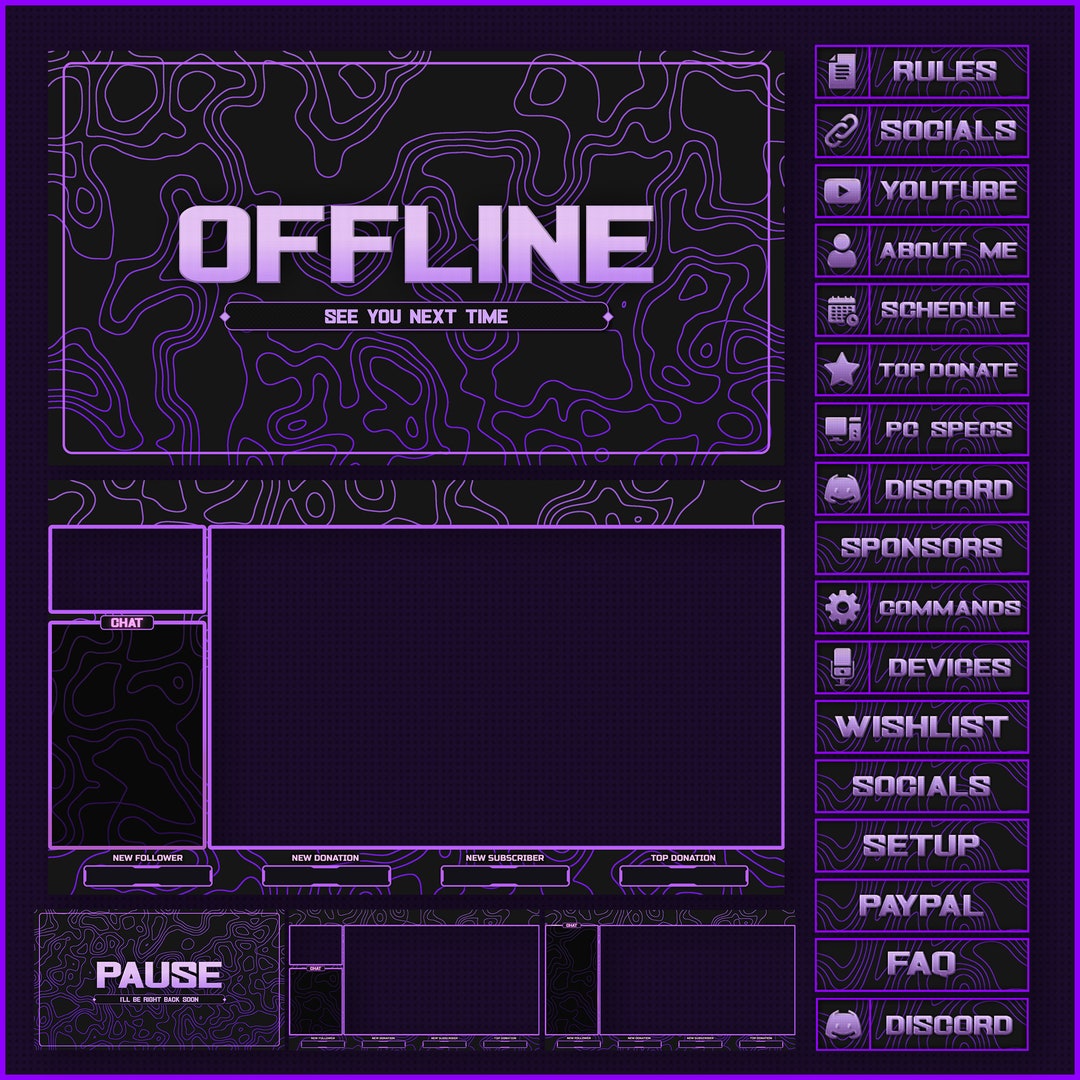 Animated Purple Stream Overlays Package for Twitch, Youtube, OBS, Streamlabs in Topographic Dark ...