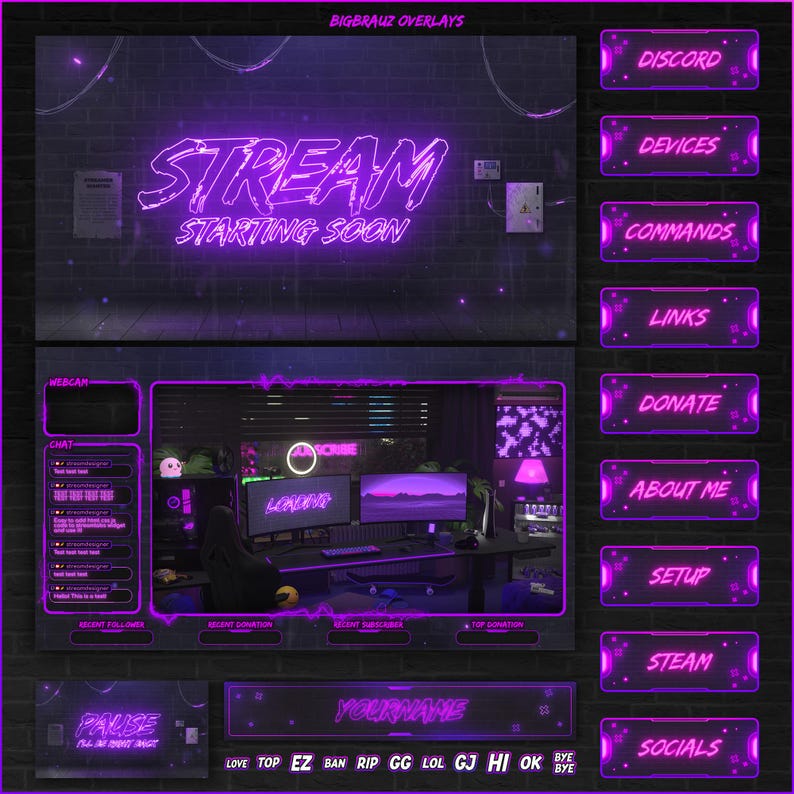 Overlays Stream Animated PURPLE Neon Style Twitch Package - Etsy