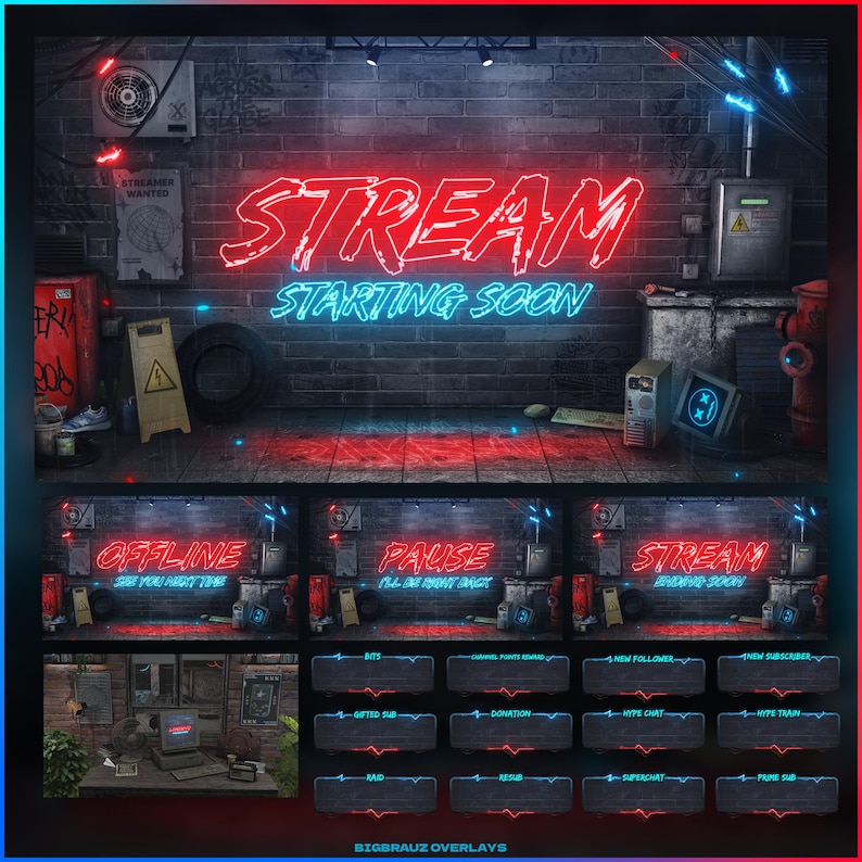 Animated Neon Stream Overlays Package (twitch, Youtube, Kick, Tiktok ...