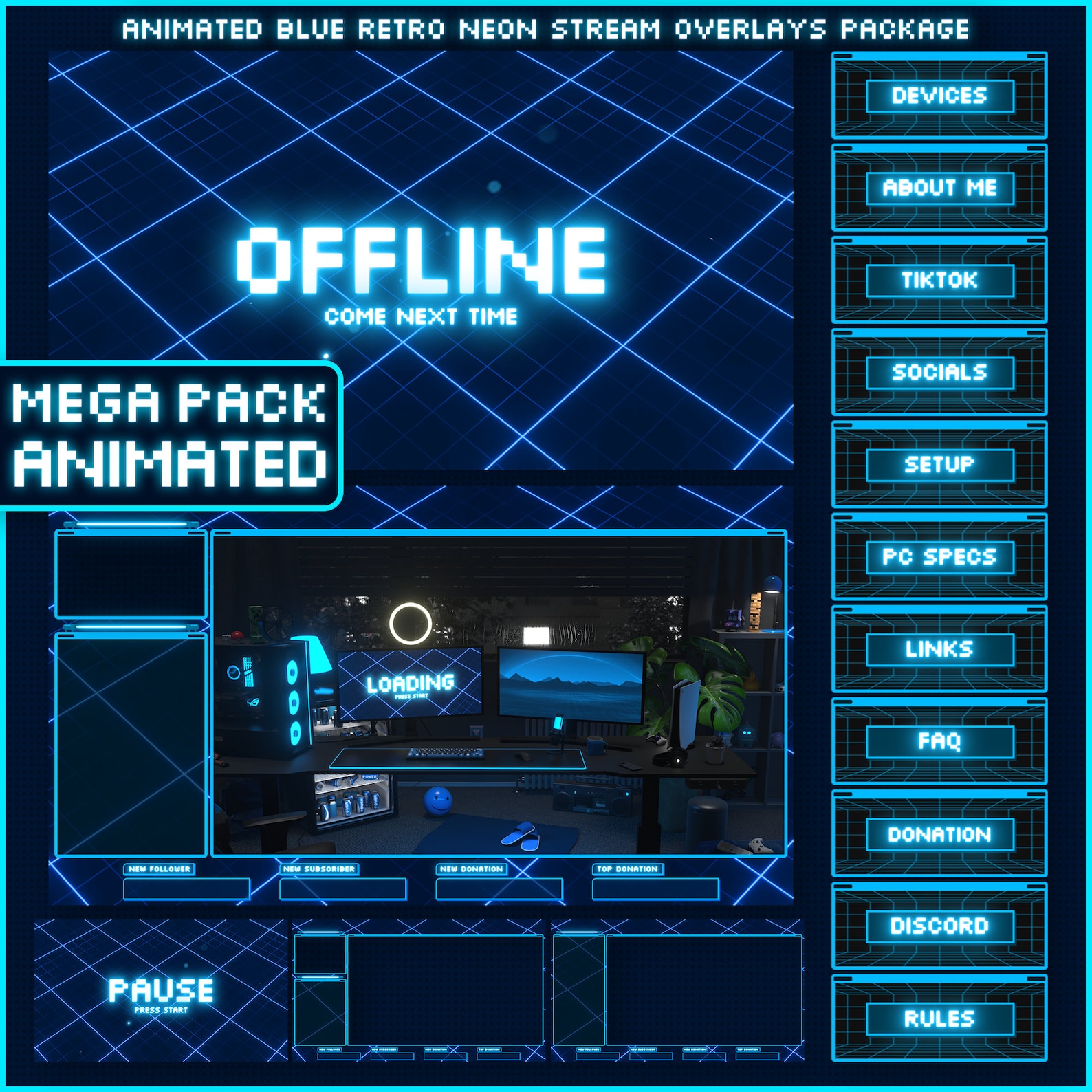 Animated BLUE RETRO Neon Stream OVERLAYS Package for Twitch, Youtube ...
