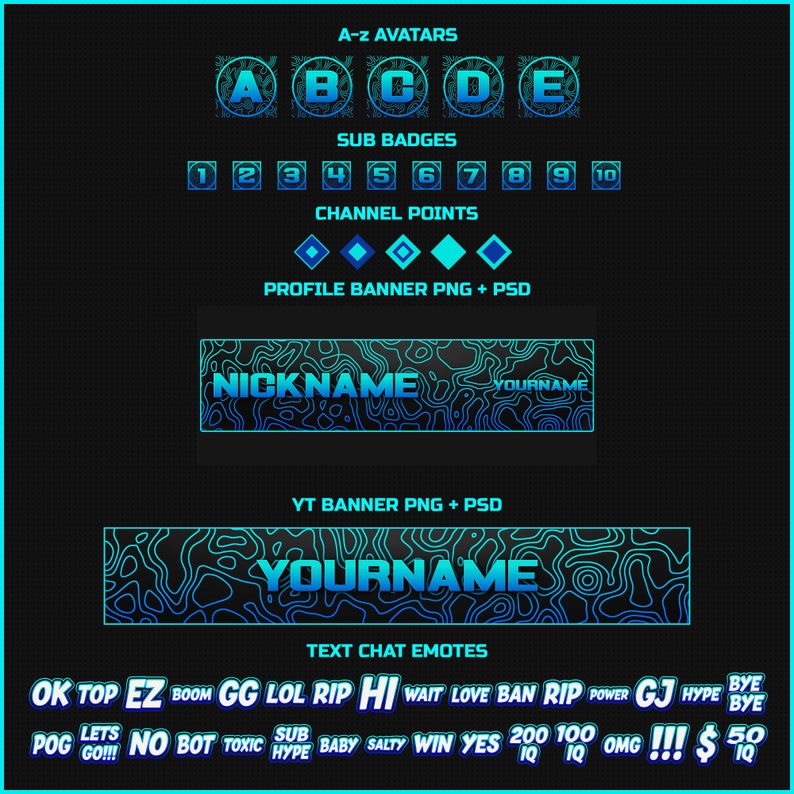 Animated BLUE Stream Overlays Package for Twitch, Youtube, OBS, Streamlabs in Topographic Dark ...