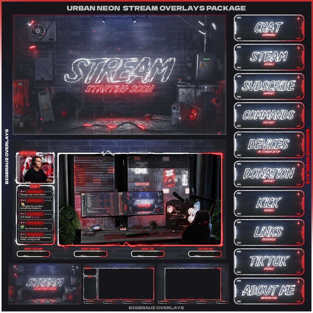 Animated Dark Neon Stream Overlays Package (twitch, Youtube, Kick ...