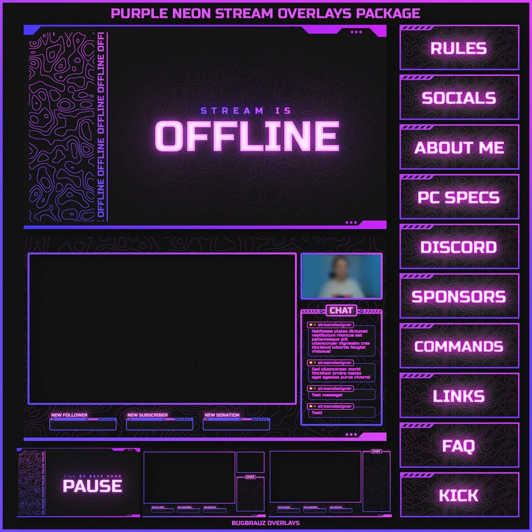 Animated PURPLE NEON Stream Overlays Package for Twitch, Youtube, OBS ...
