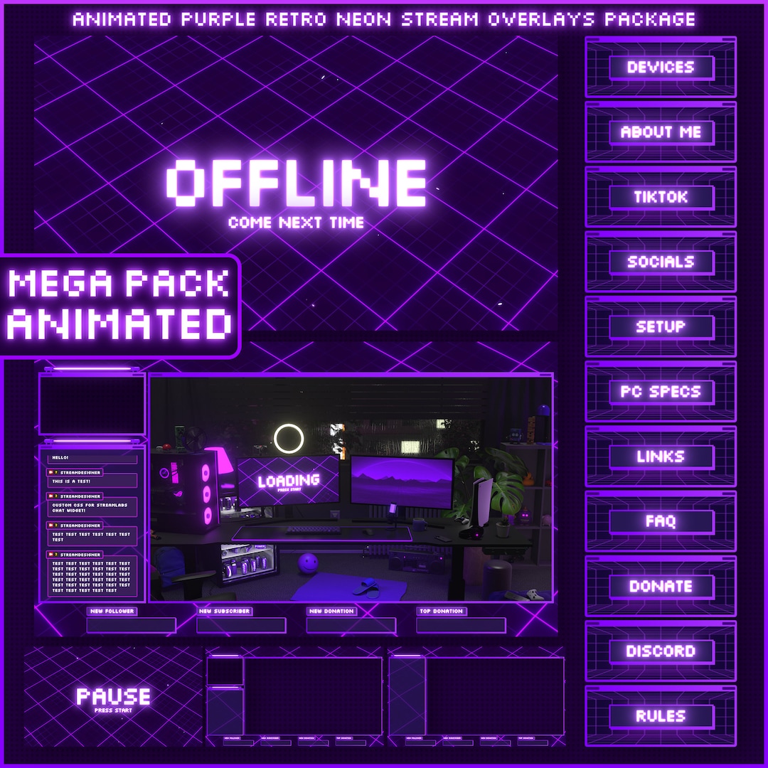 Animated Purple Retro Neon Stream Overlays Package for Twitch, Youtube ...