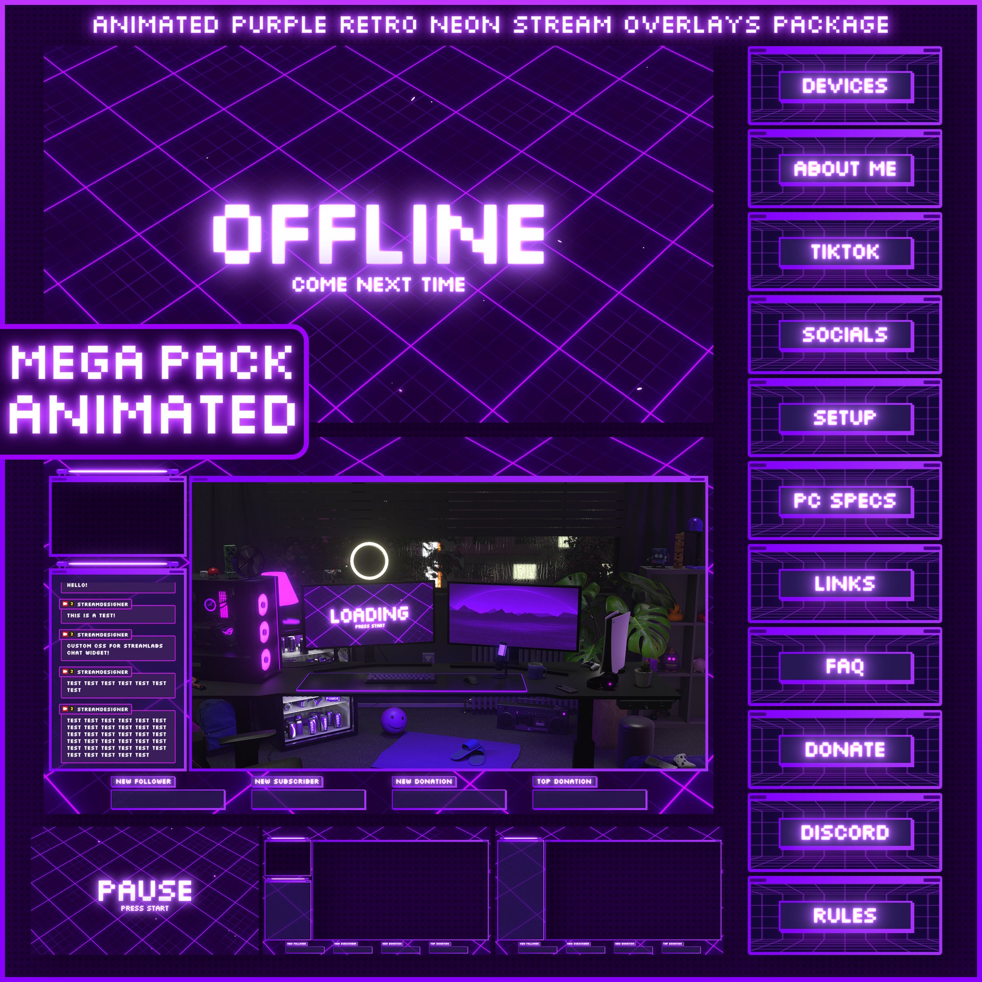 Animated Purple Retro Neon Stream Overlays Package for Twitch, Youtube ...