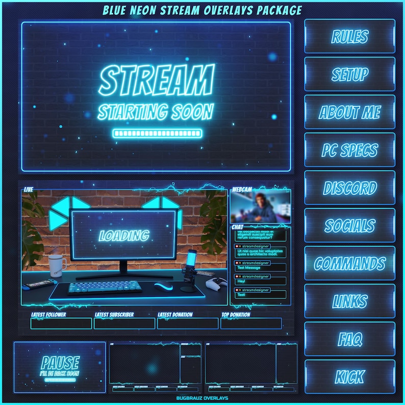 Animated BLUE NEON Stream OVERLAYS, Stream Panels, Alerts, Webcam ...
