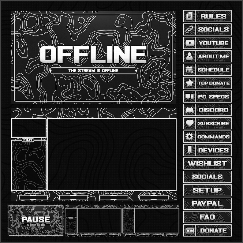 Animated Topographic Stream Overlay Package: Black and White (twitch ...