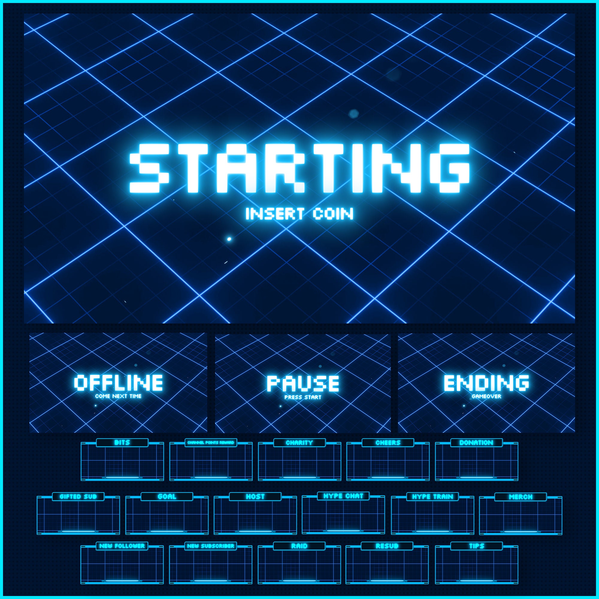 Animated Blue Neon Stream Overlays Package (twitch Overlays, Youtube ...