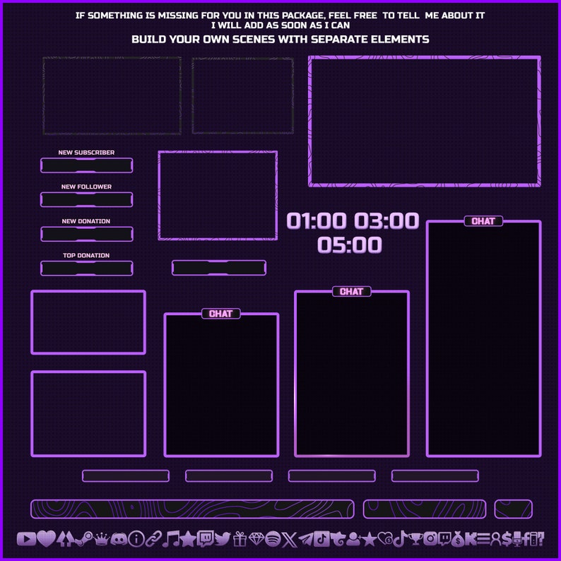 Animated Purple Stream Overlays Package for Twitch, Youtube, OBS, Streamlabs in Topographic Dark ...