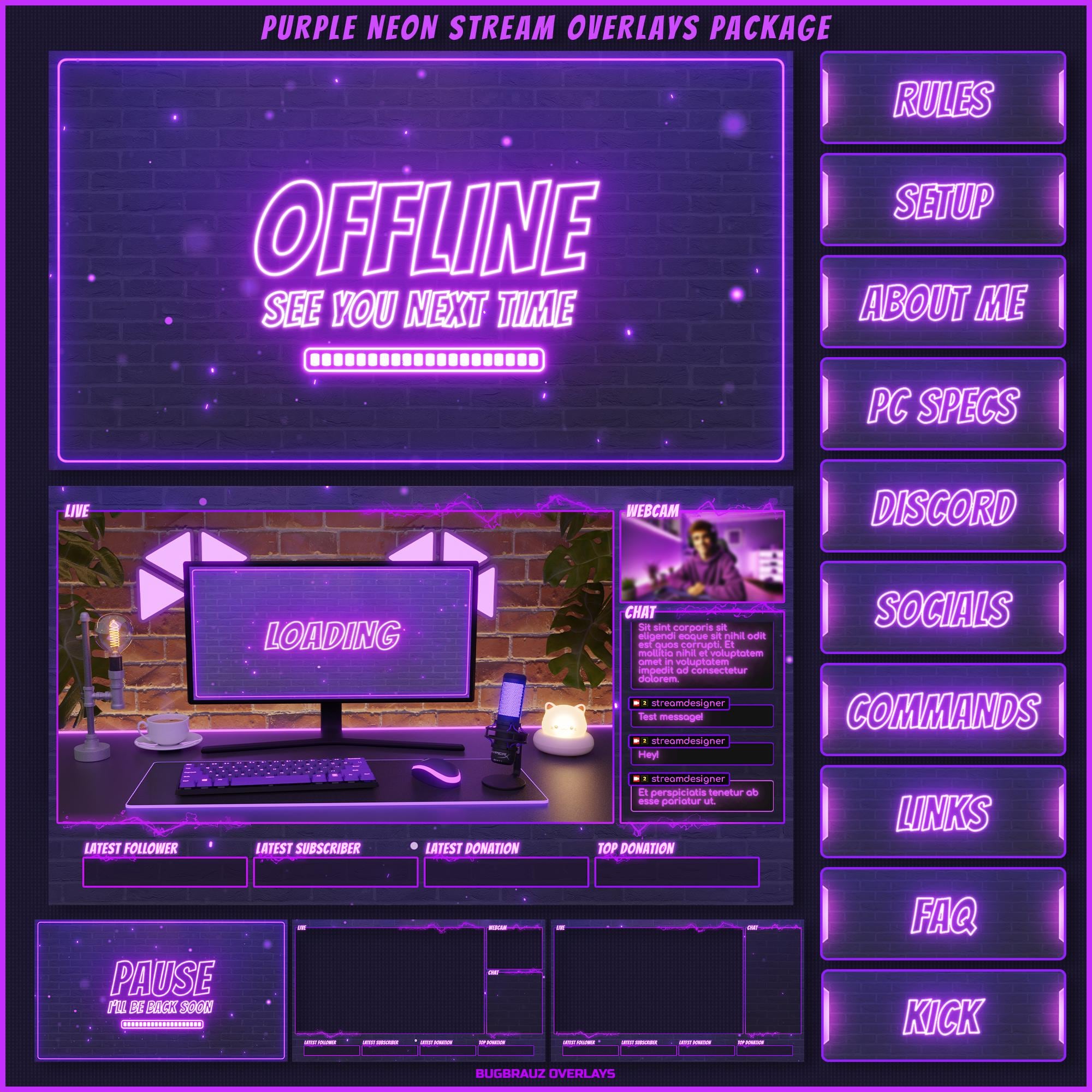 Animated PURPLE NEON Stream OVERLAYS, Panels, Alerts, Webcam Frames ...