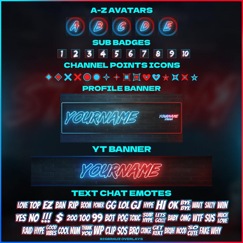 Animated Neon Stream Overlays Package (twitch, Youtube, Kick, Tiktok ...