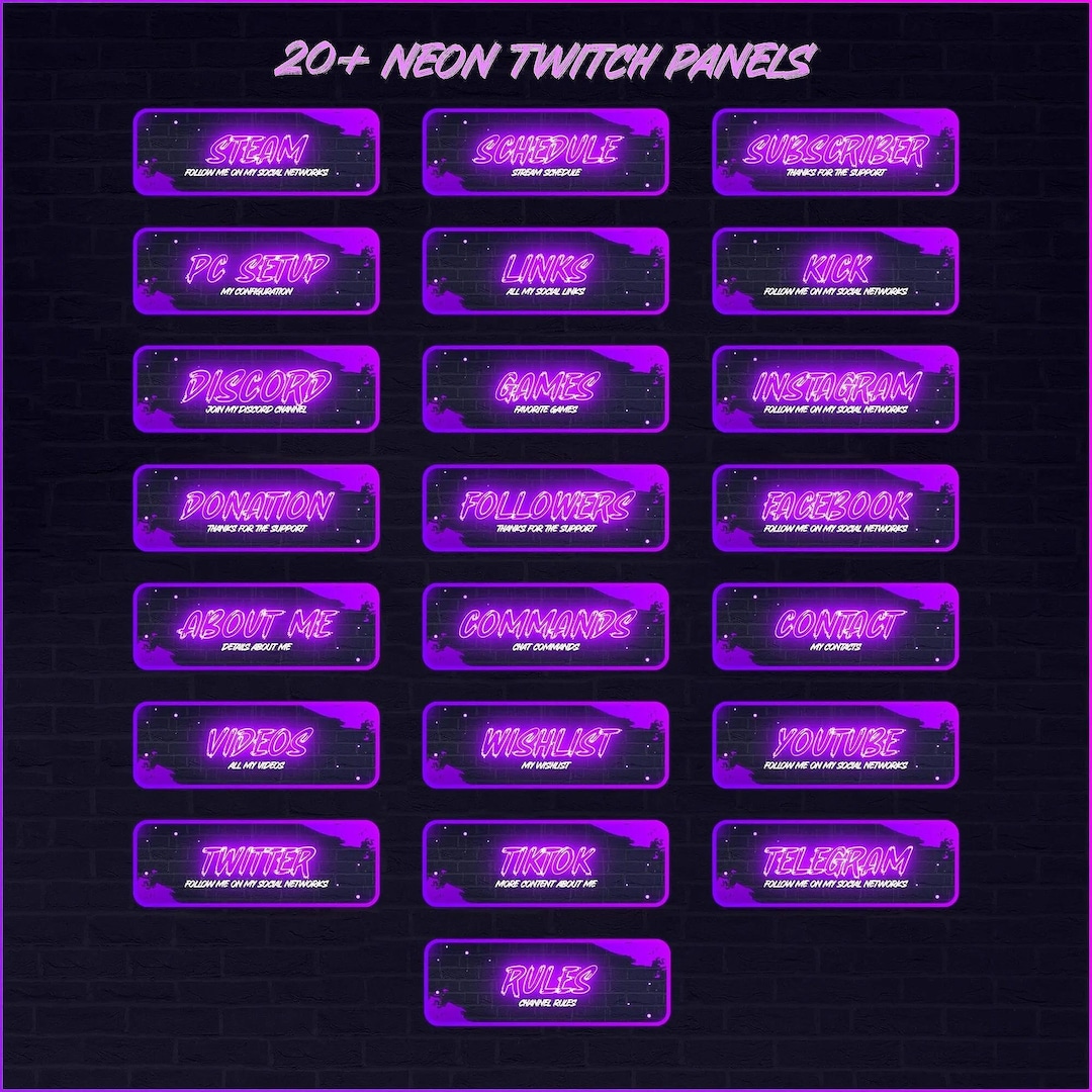 PURPLE NEON PANELS for Twitch. Designs Panels for Twitch Profile - Etsy
