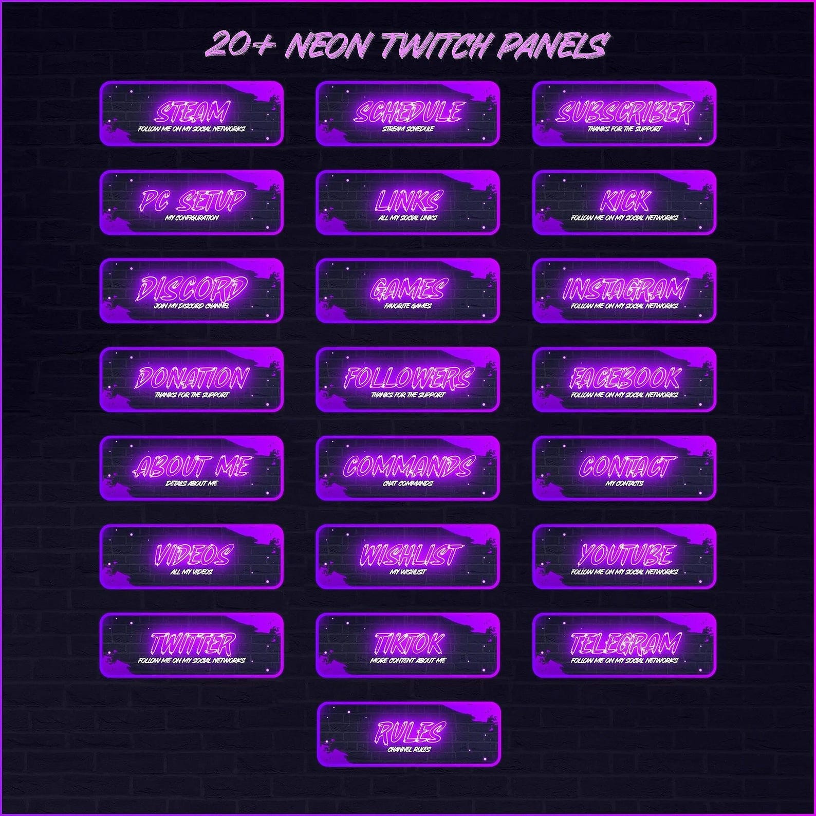 PURPLE NEON PANELS for Twitch. Designs Panels for Twitch Profile - Etsy