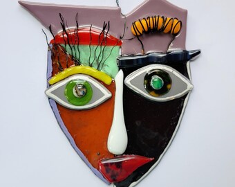 Abstract Fused Glass Art Mask With Optional Stand, Picasso Inspired ...