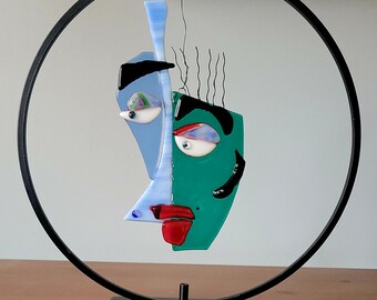 Abstract Fused Glass Art Mask With Optional Stand, Picasso Inspired ...