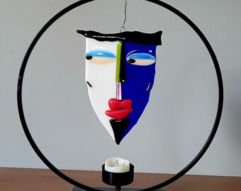 Abstract Fused Glass Art Mask With Optional Stand, Picasso Inspired ...