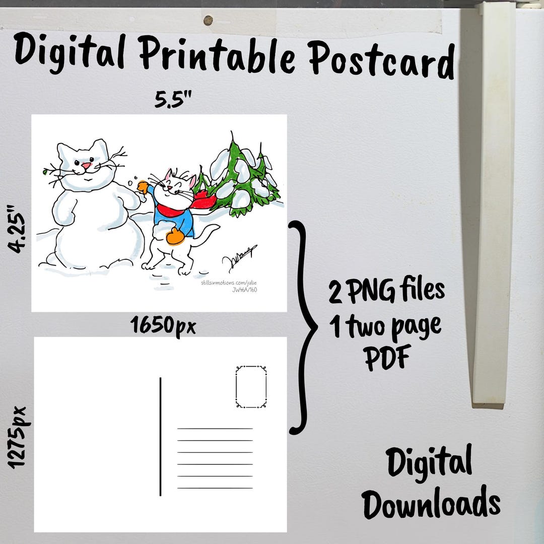 Digital Printable Postcard Cat Themed Cartoon Christmas Snowcat and Cat ...
