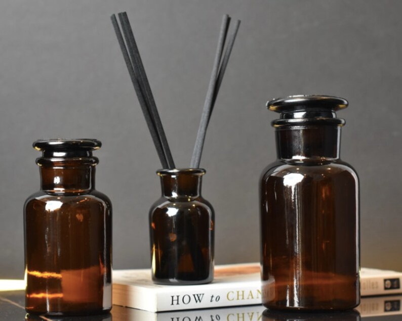 Amber Glass Apothecary Jar Reed Diffuser With Caps 60ml, 125ml, 250ml ...
