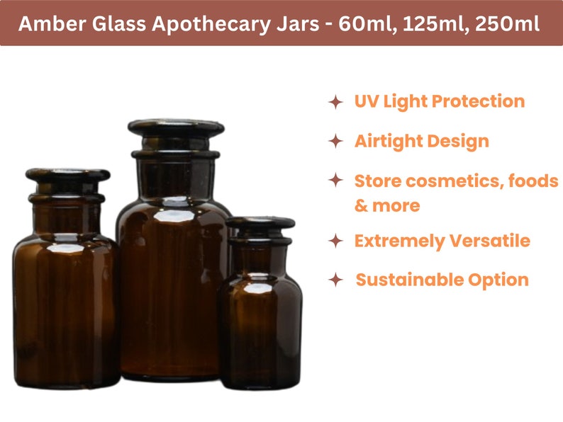Amber Glass Apothecary Jars Container 60ml, 125ml, 250ml, Home Decor ...