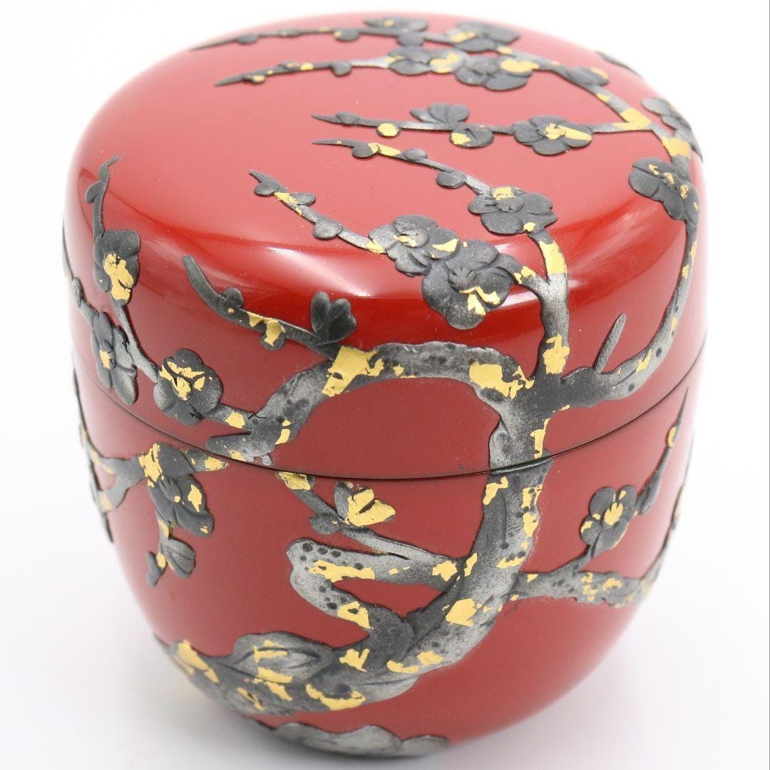 Japanese Ryukyu Lacquer Tea Caddy – Red Makie Plum Blossom Natsume ...