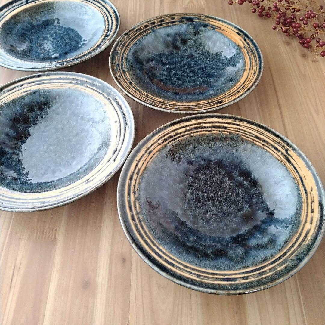 Japanese Minoyaki Plates Pottery Plates Dark Blue Deep Dish Set of 4 ...