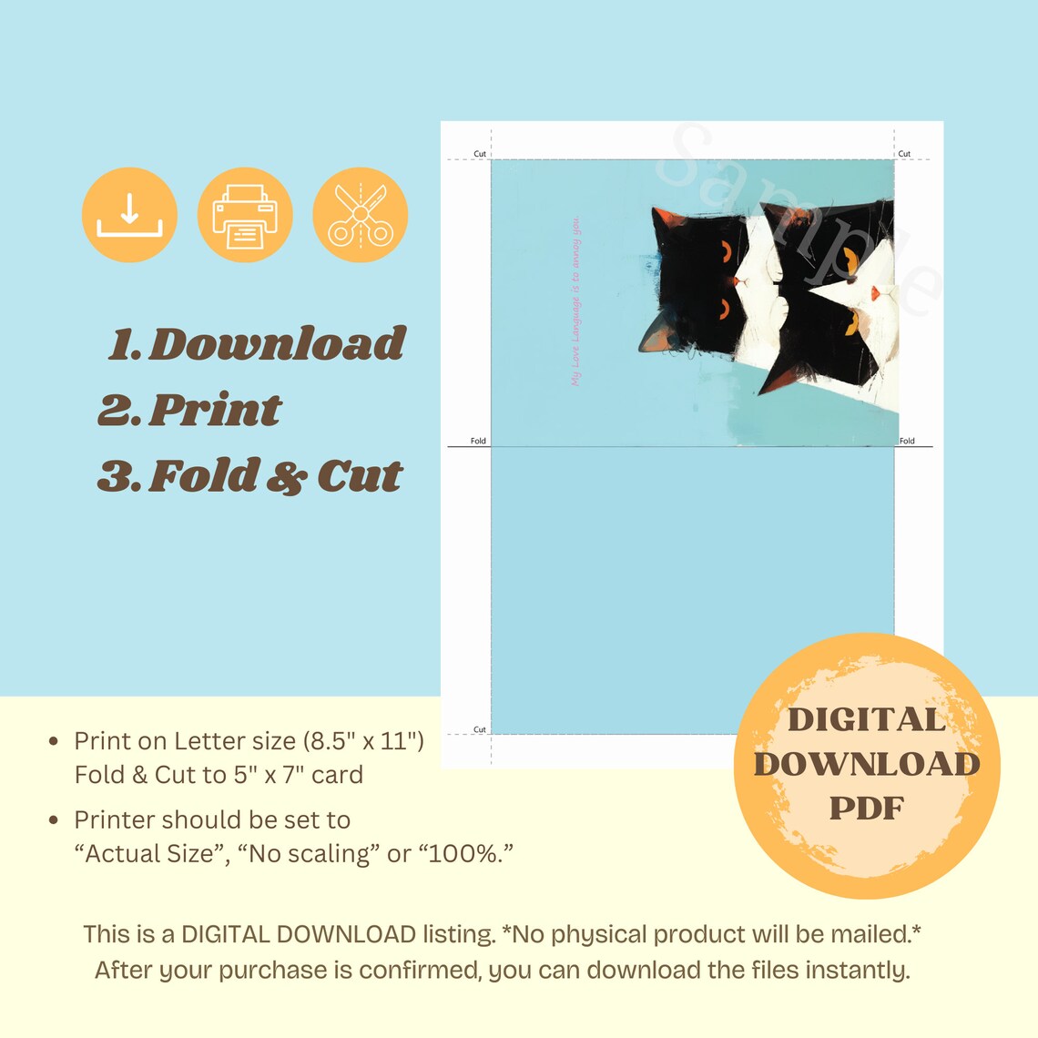 Printable Cat Card, Digital Cards, Thank You Card, Love Card, for ...