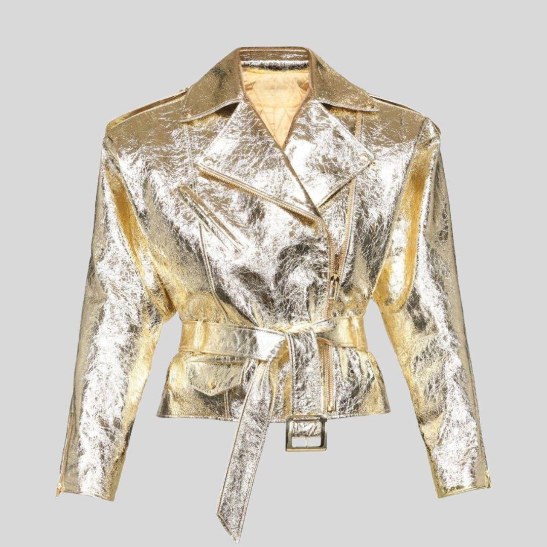 Metallic Gold Sheepskin Leather Jacket for Women Luxury Genuine Leather ...