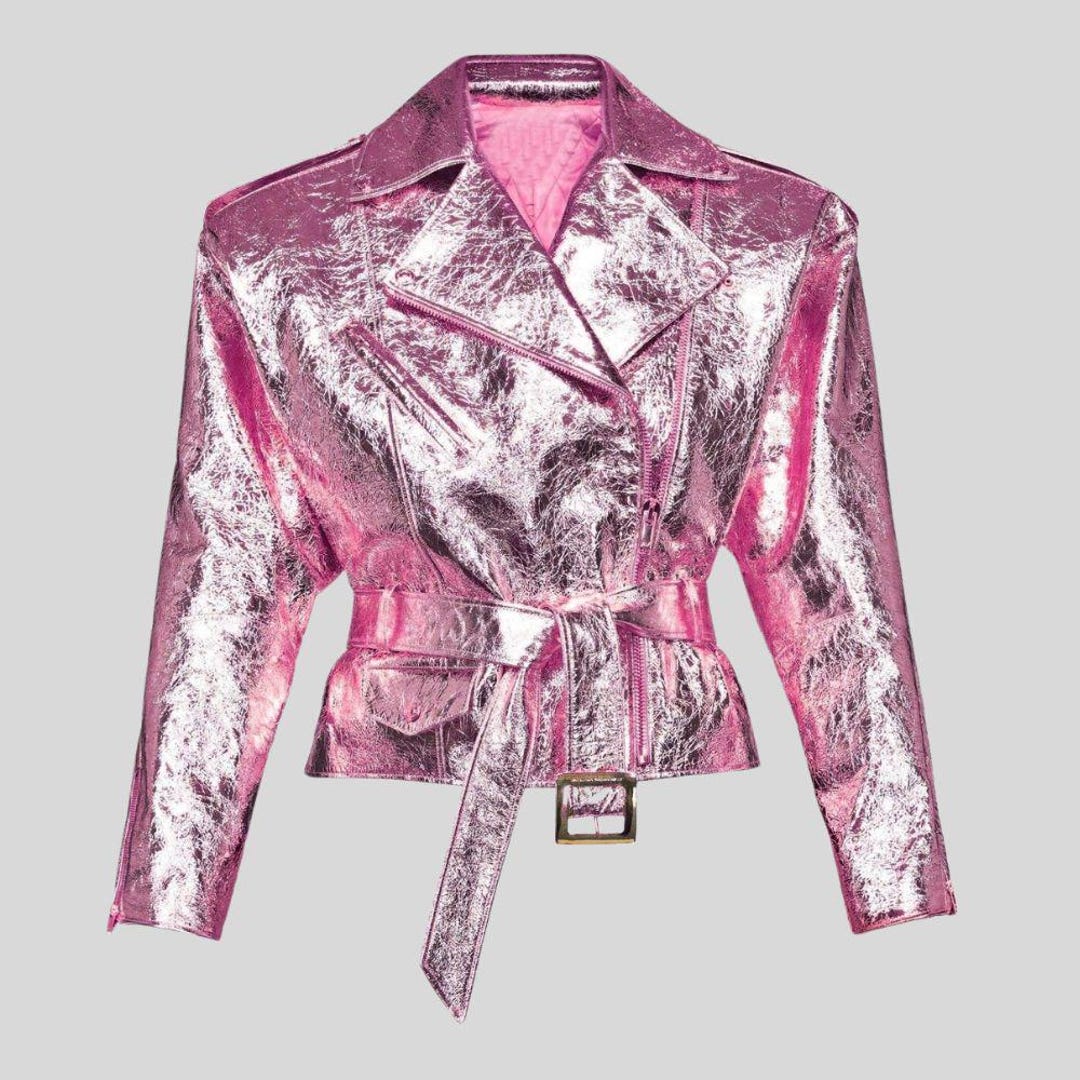 Metallic Pink Leather Moto Jacket for Women Bold Belted Biker Style for ...