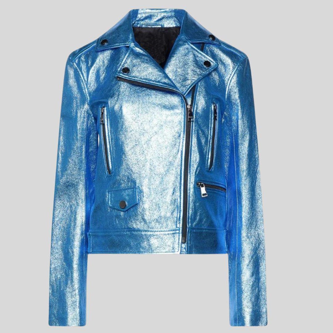 Metallic Blue Leather Motorcycle Jacket Women, Trending Fashion Jacket ...
