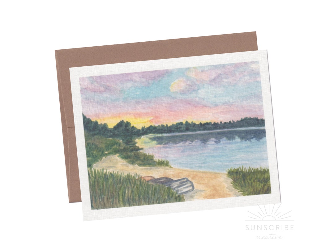Beautiful Watercolor Beach Scene Card, Sunset Greeting Card, Simple ...