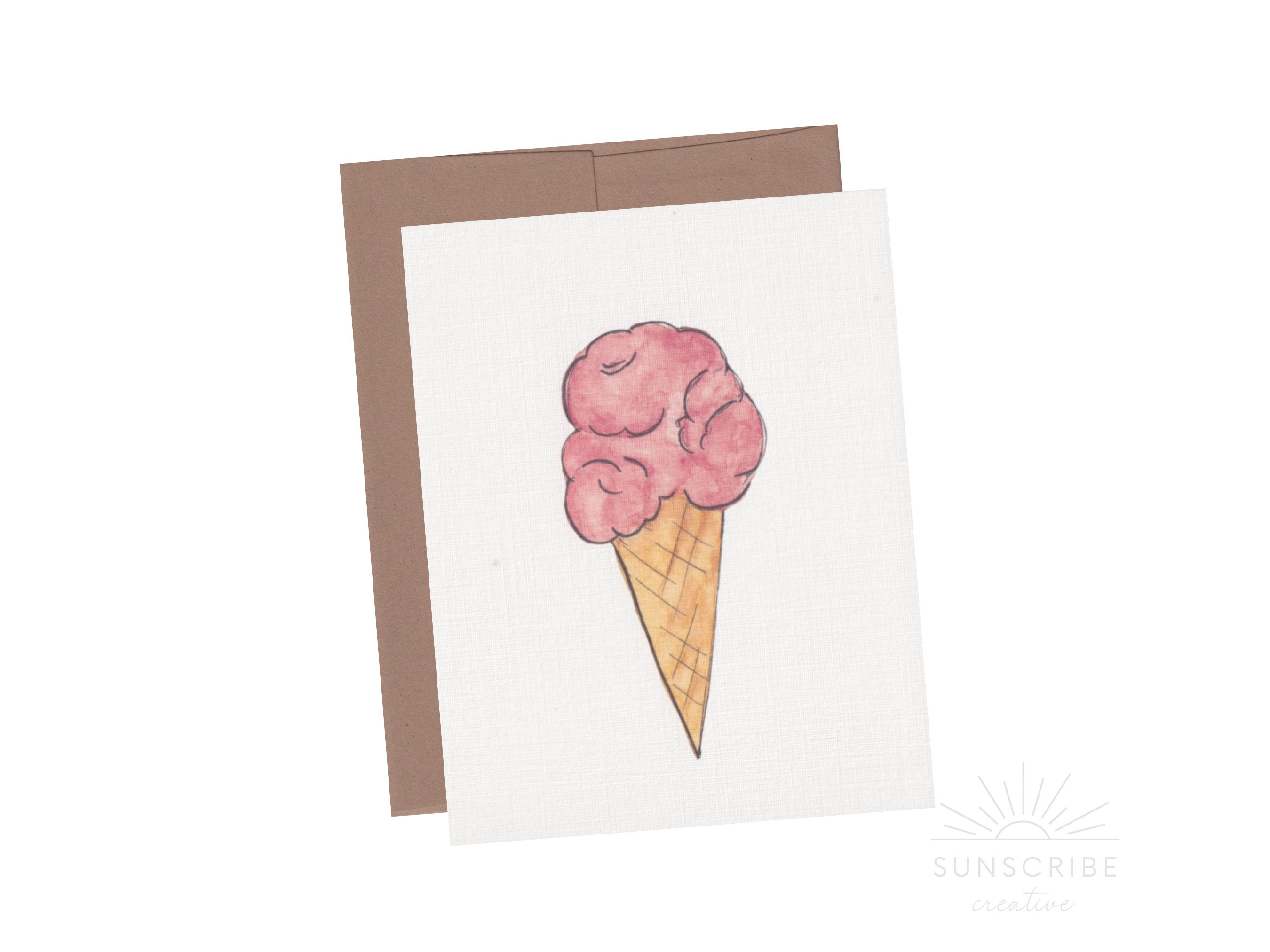 Cute Ice Cream Cone Card, Simple, Watercolor, Pink Ice Cream Cone, Card ...