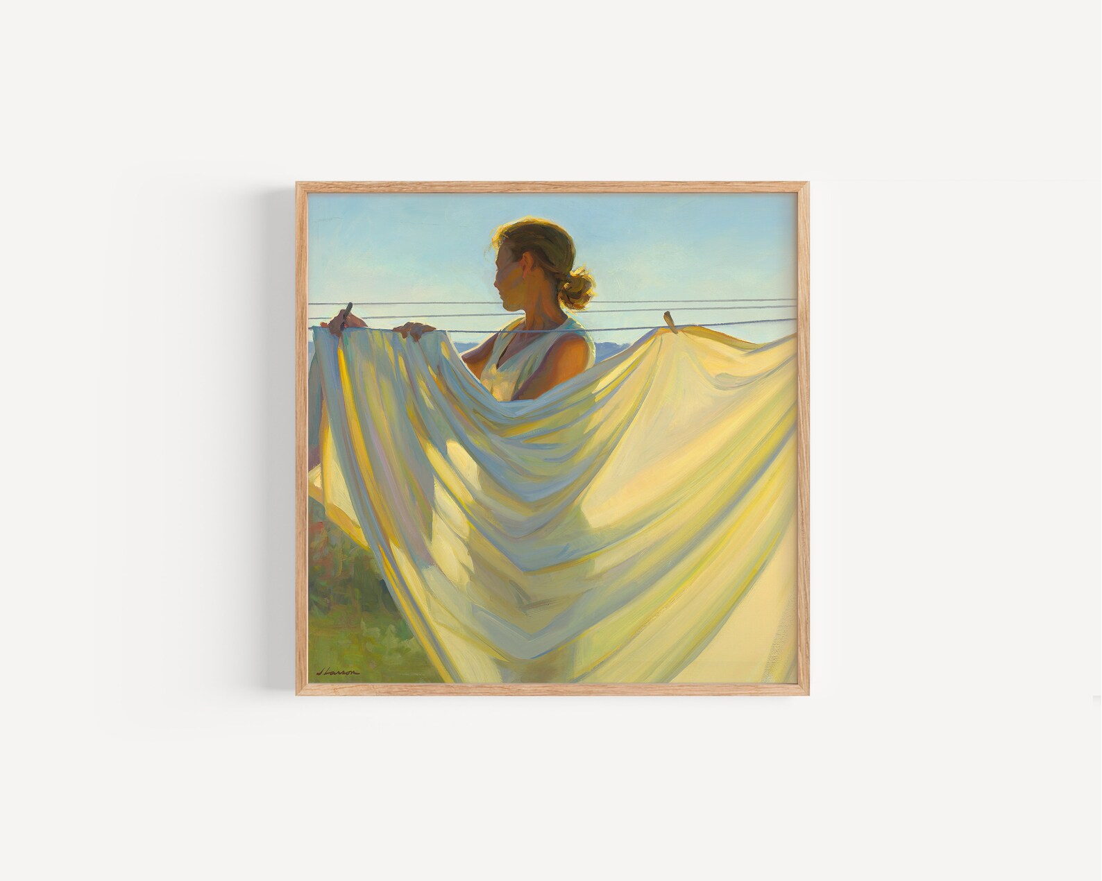 Woman Hanging Yellow Laundry Outside Painting by Jeffrey T. Larson ...