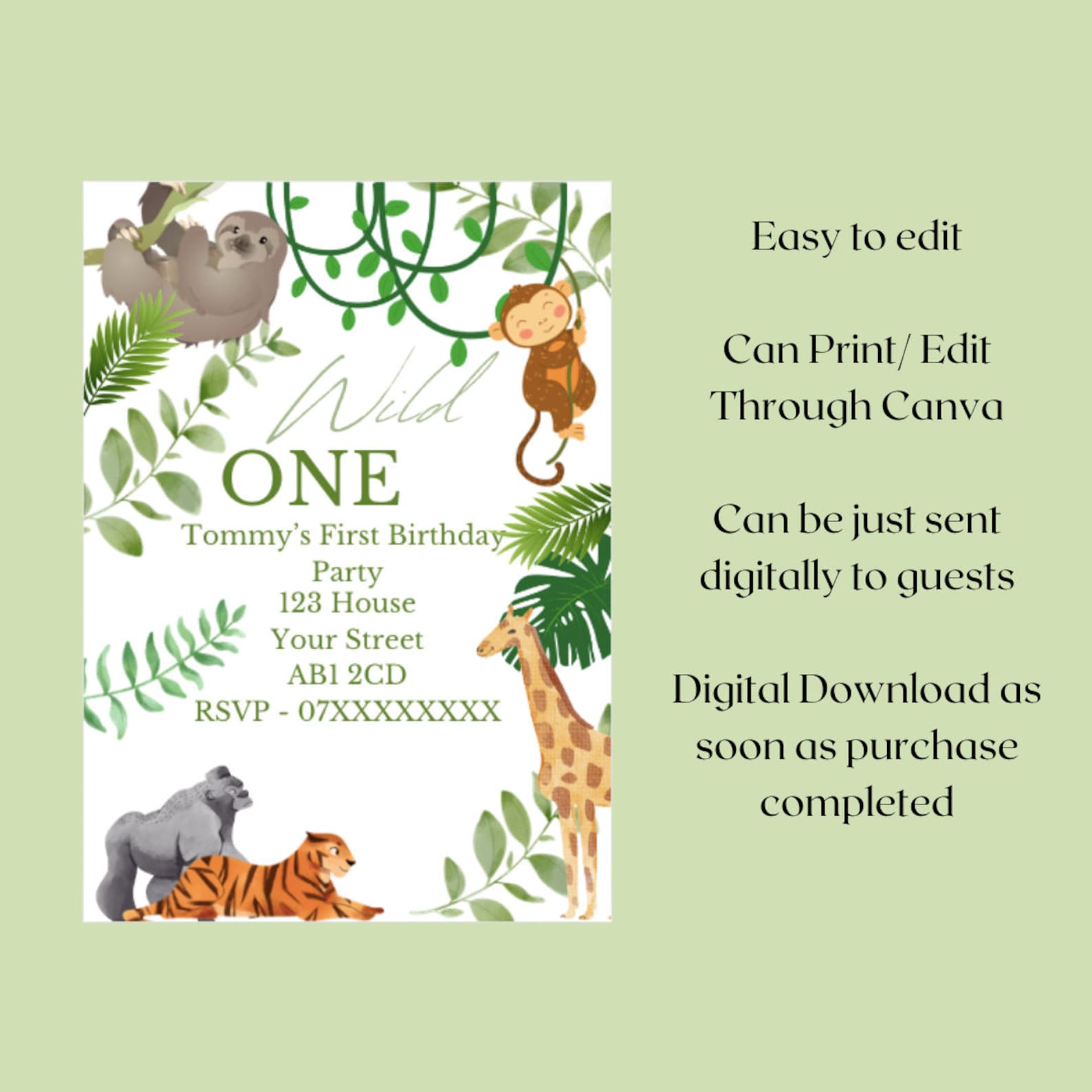 Editable Jungle Themed Digital Party Invite Jungle Animals Safari ...