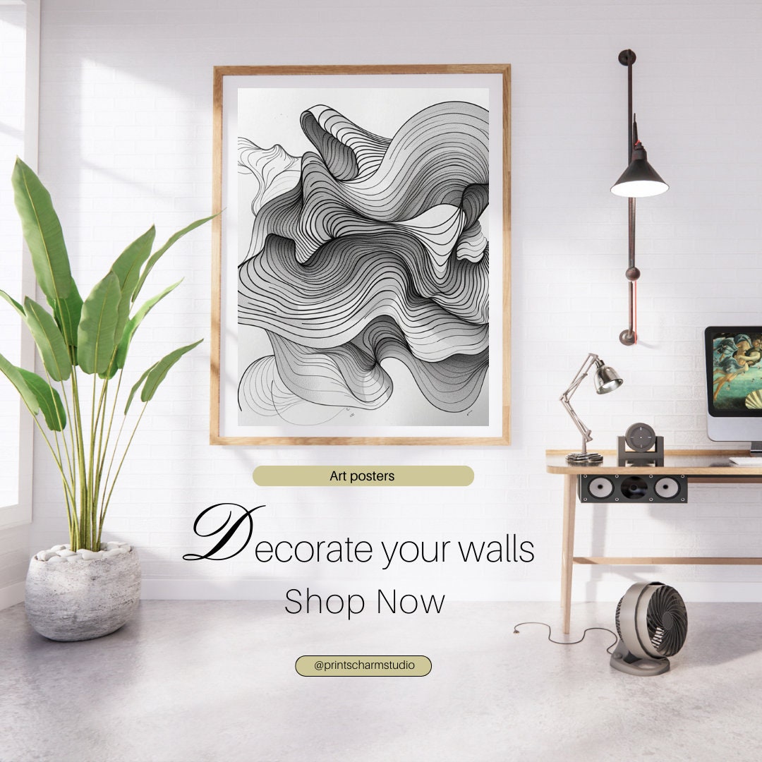 Black and White Wavy Design Digital Poster With Waves - Etsy