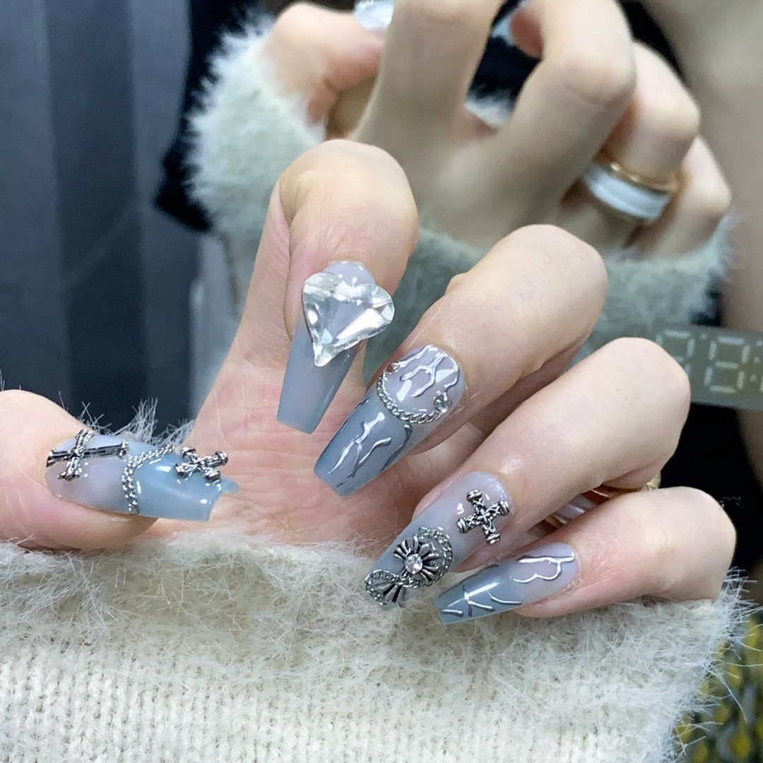 Metallic Cross Chain Diamond Heart Nails - Coffin Shape Silver Stiletto ...