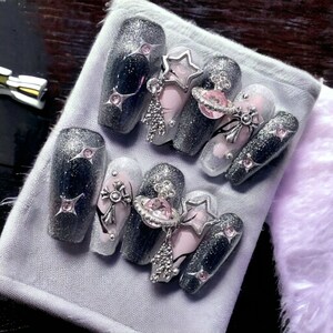 Saturn's Shadow Coffin Press on Nails Silver Stiletto, Metallic Muse ...