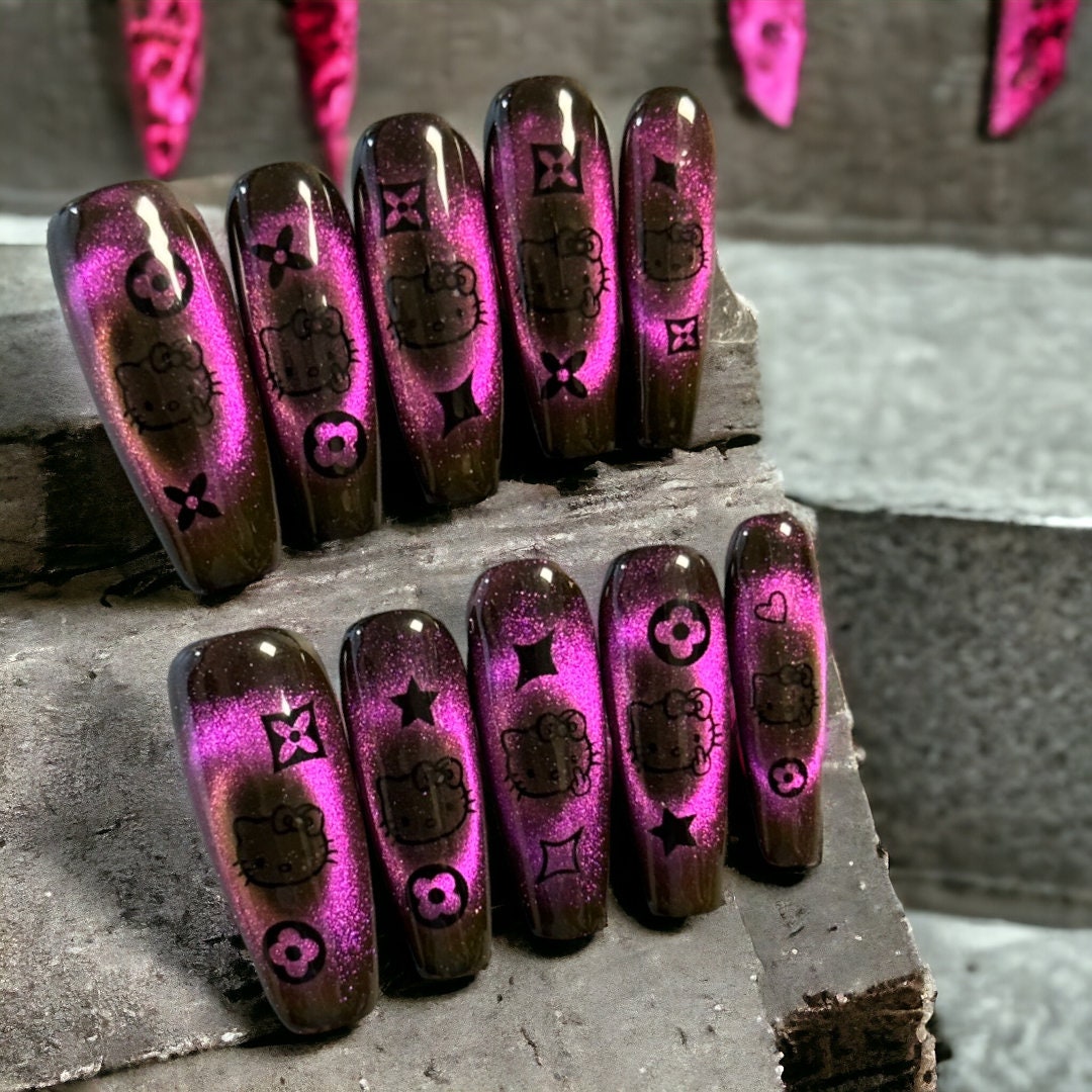 Hello Kitty Dark Floral Coffin Press on Nails, Cute & Kawaii Nail Art ...