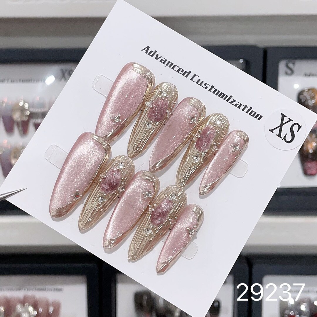 Pink Fringed Metallic Press-on Nails, Long Stiletto Shape, Shine Custom ...